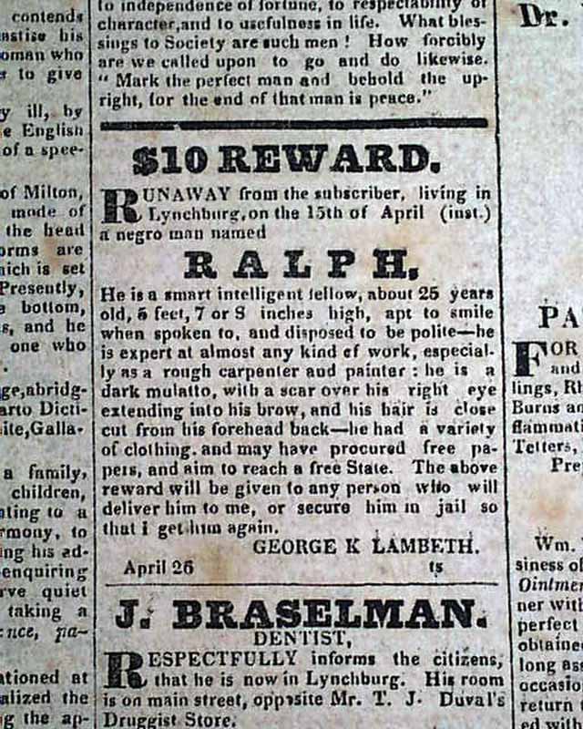 1830 Lynchburg Virginia Newspaper with Slave Ads - RareNewspapers.com