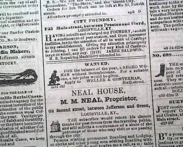 1853 LOUISVILLE KY Newspaper Pre Civil War SLAVE ADS ...