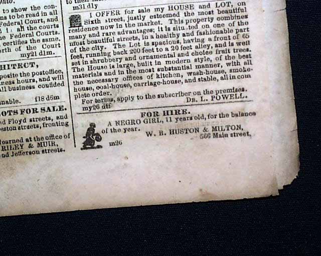 1853 LOUISVILLE KY Newspaper Pre Civil War SLAVE ADS ...