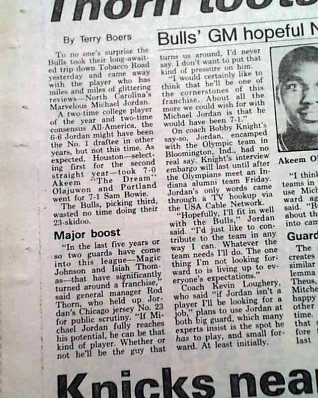Michael Jordan drafted by Bulls in a Chicago newspaper ...
