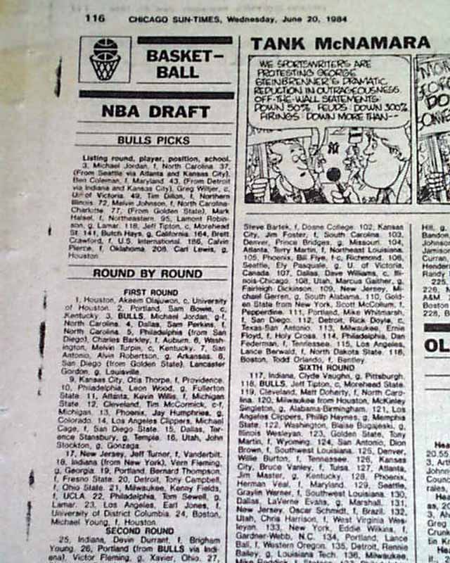 Michael Jordan drafted by Bulls in a Chicago newspaper ...