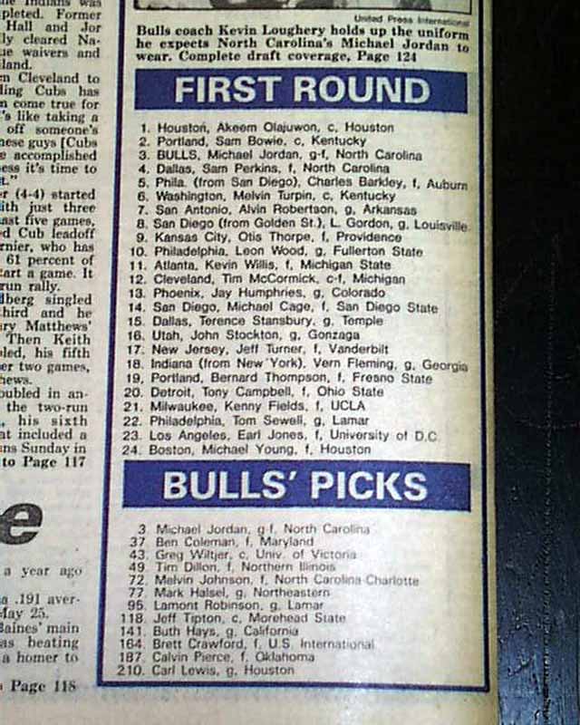 Michael Jordan drafted by Bulls in a Chicago newspaper ...