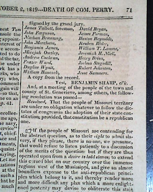 Death of the 'hero of Lake Erie' Commodore Oliver Hazard Perry... - RareNewspapers.com