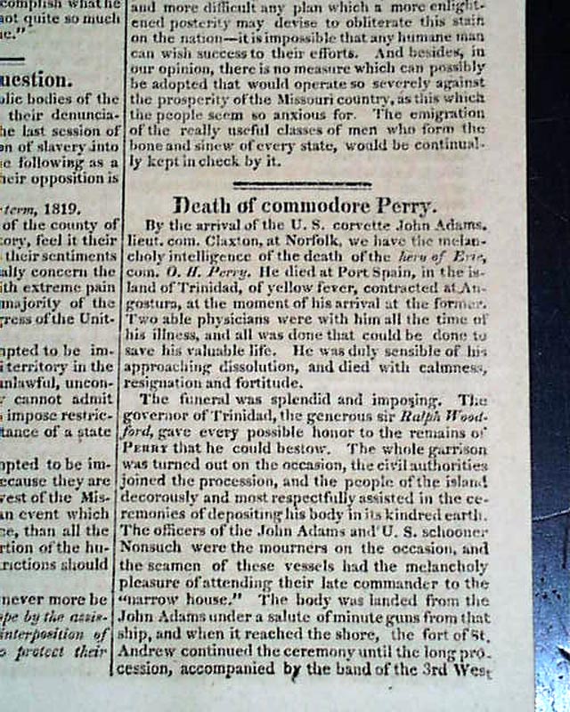 Death of the 'hero of Lake Erie' Commodore Oliver Hazard Perry ...