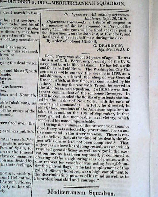 Death of the 'hero of Lake Erie' Commodore Oliver Hazard Perry ...