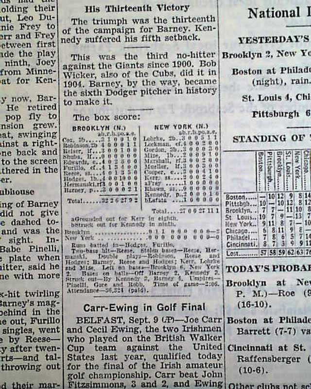 Rex Barney pitches no-hitter for the Brooklyn Dodgers ...