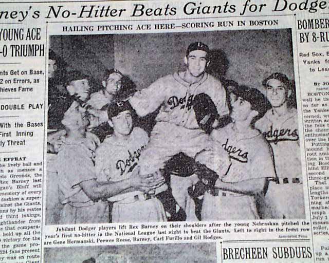 Rex Barney pitches no-hitter for the Brooklyn Dodgers ...