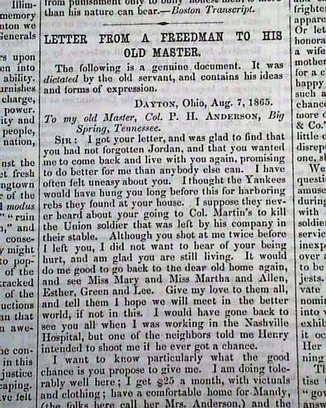 Jourdon Anderson's letter to his former slave master ...
