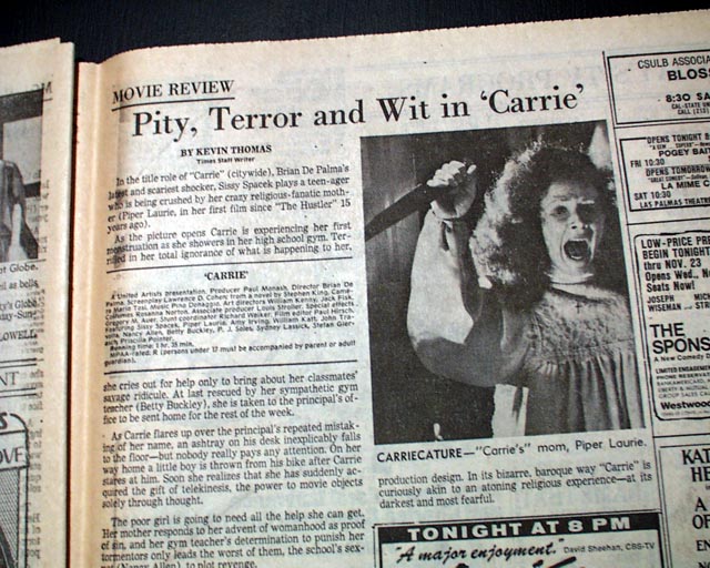 Review & premiere of "Carrie", in a Los Angeles newspaper ...