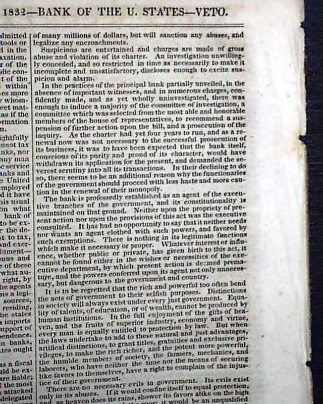 Andrew Jackson vetoes the re-charter of the Bank of the United States ...