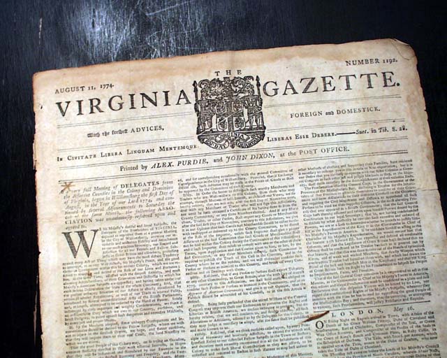 A rare Virginia Gazette with a front page report of the historic First ...
