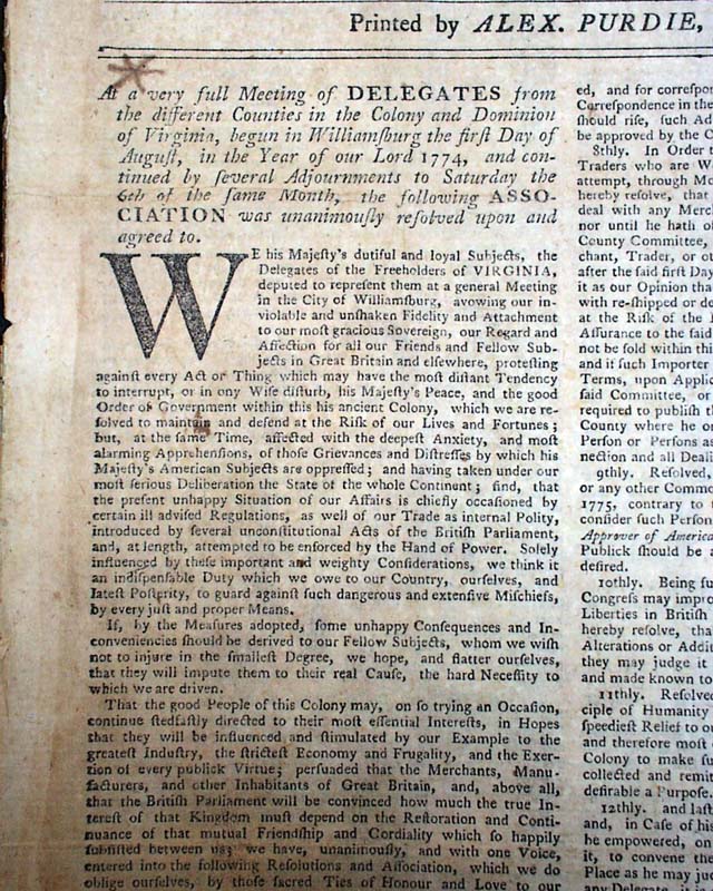 A rare Virginia Gazette with a front page report of the historic First ...