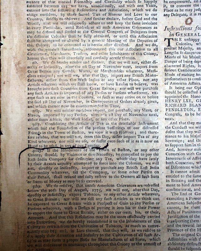 A rare Virginia Gazette with a front page report of the historic First ...