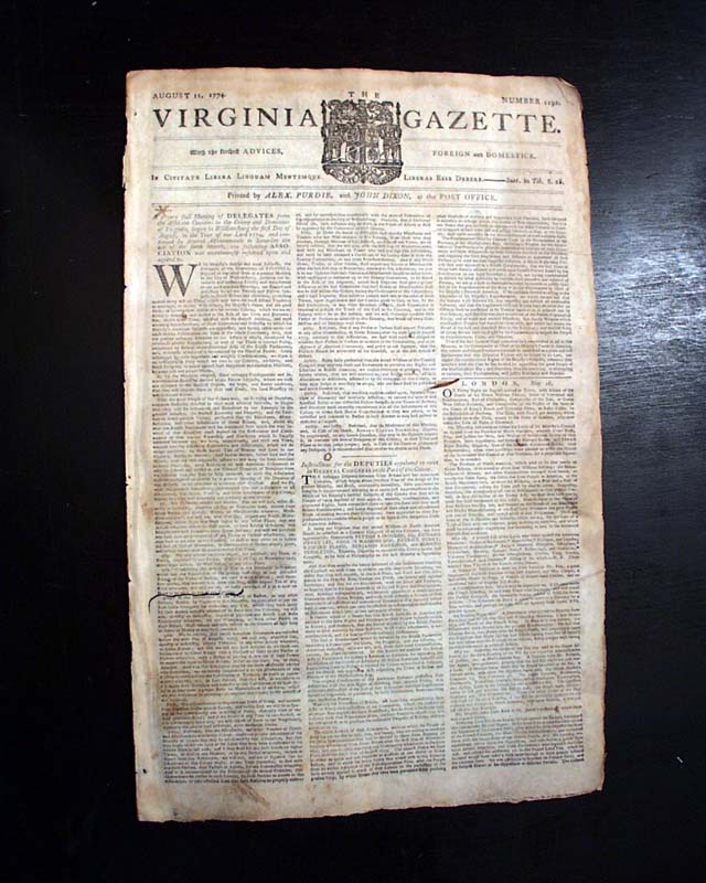 A rare Virginia Gazette with a front page report of the historic First ...
