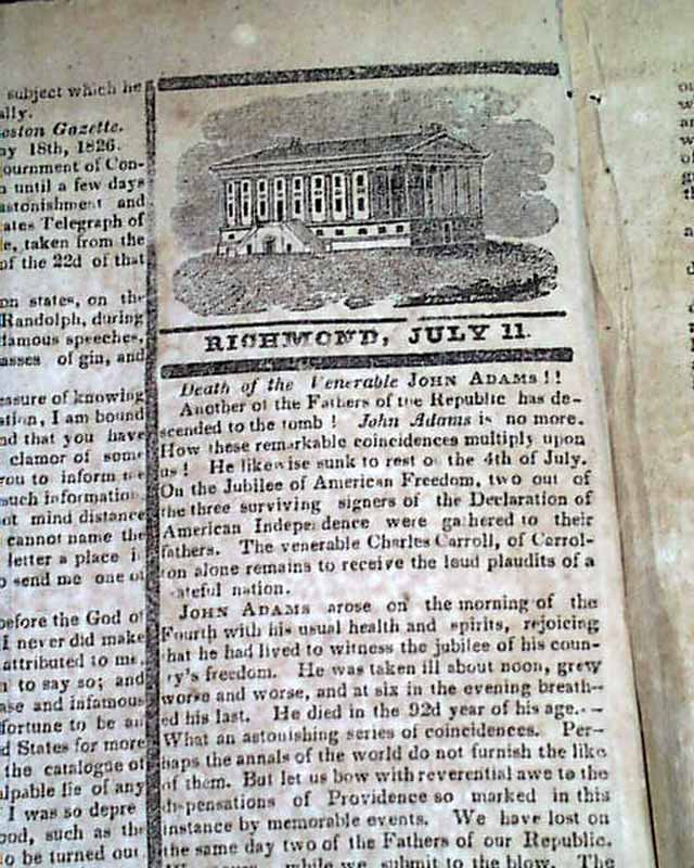 On the death of John Adams and Thomas Jefferson... - RareNewspapers.com