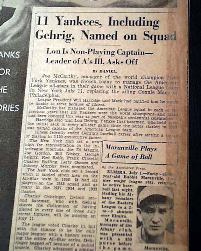 Lou Gehrig about to be honored on his retirement... - RareNewspapers.com