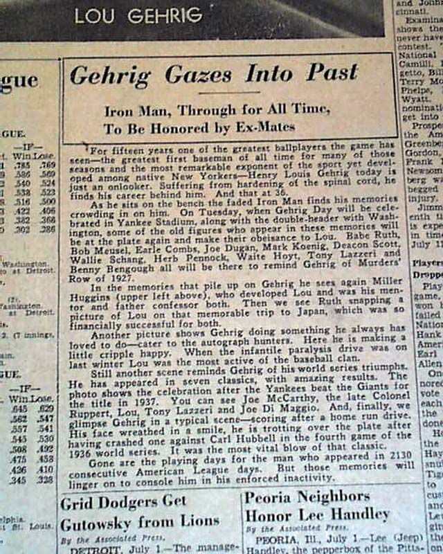 Lou Gehrig about to be honored on his retirement... - RareNewspapers.com