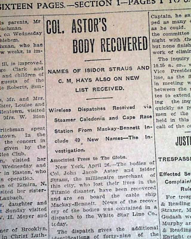John Jacob Astor is recovered from the Titanic... - RareNewspapers.com