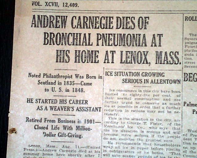 Andrew Carnegie death.... - RareNewspapers.com
