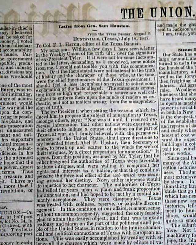 Lengthy letter from Sam Houston on Texas annexation... - RareNewspapers.com