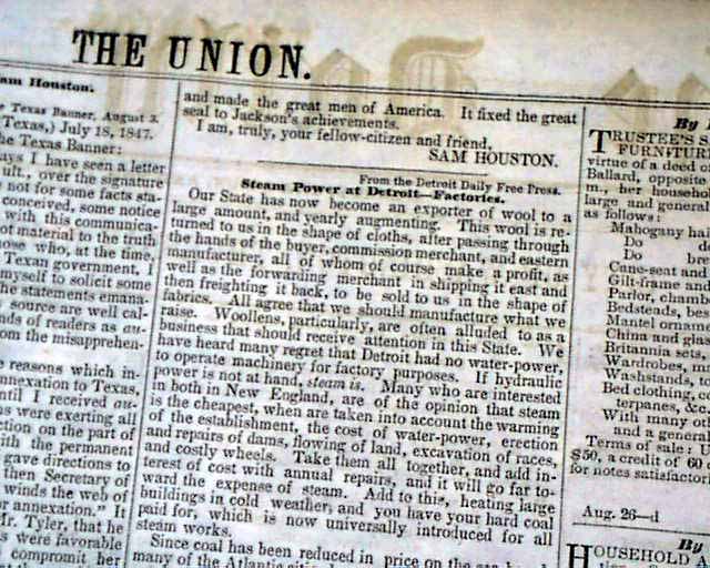 Lengthy letter from Sam Houston on Texas annexation... - RareNewspapers.com