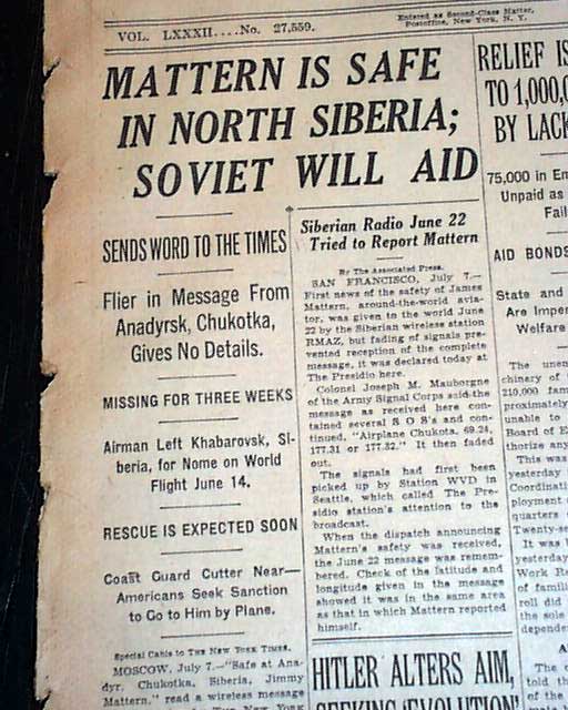 Aviator Jimmie Mattern safe in Siberia.... - RareNewspapers.com