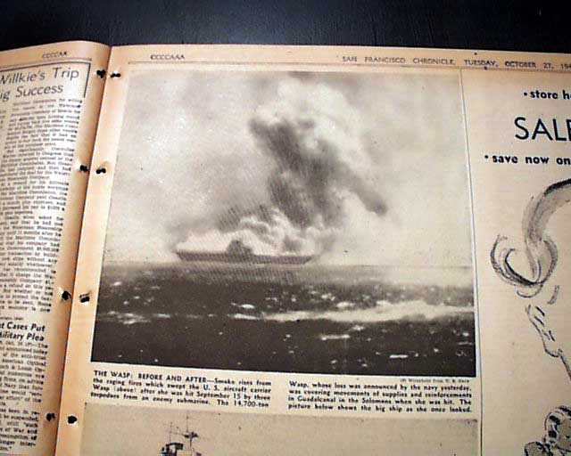 Carrier USS Wasp sinking.... - RareNewspapers.com