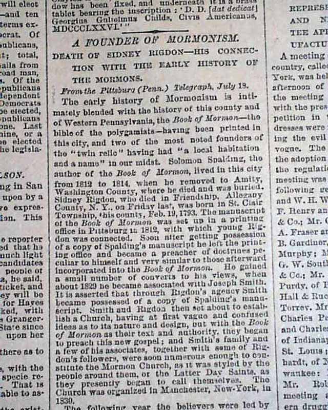 Sidney Rigdon death... Mormonism founder ?... - RareNewspapers.com