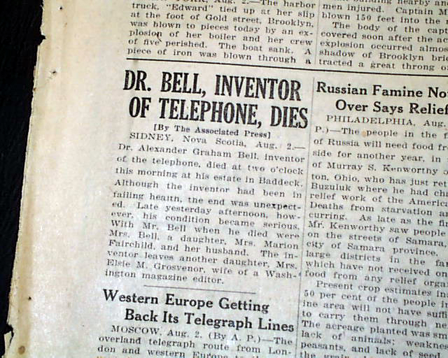 Alexander Graham Bell death.... - RareNewspapers.com