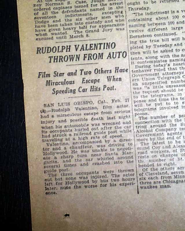 Rudolph Valentino car accident... - RareNewspapers.com