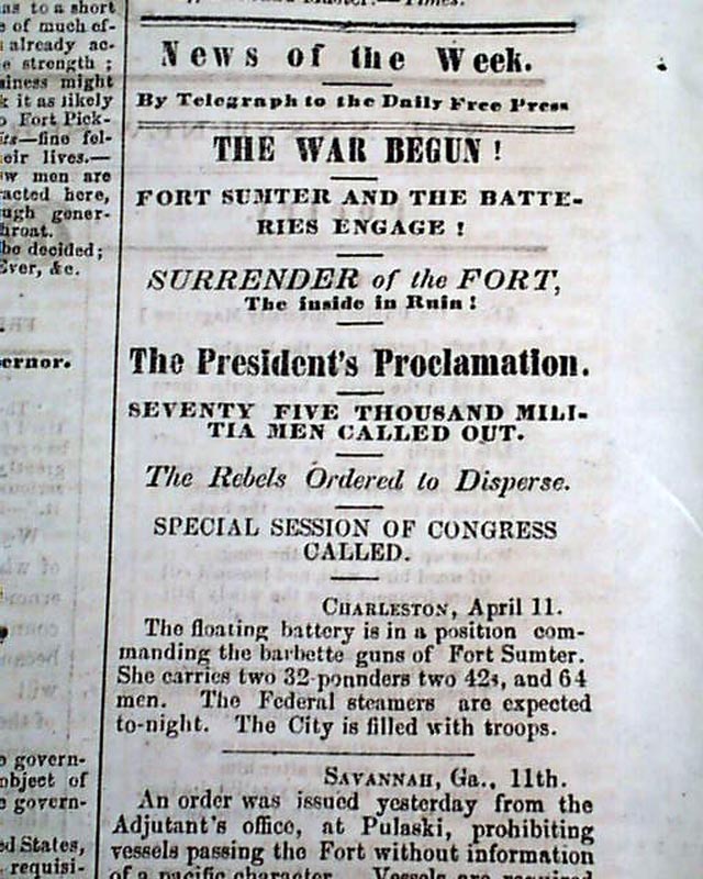 Fort Sumter attacked: the Civil War has begun... - RareNewspapers.com