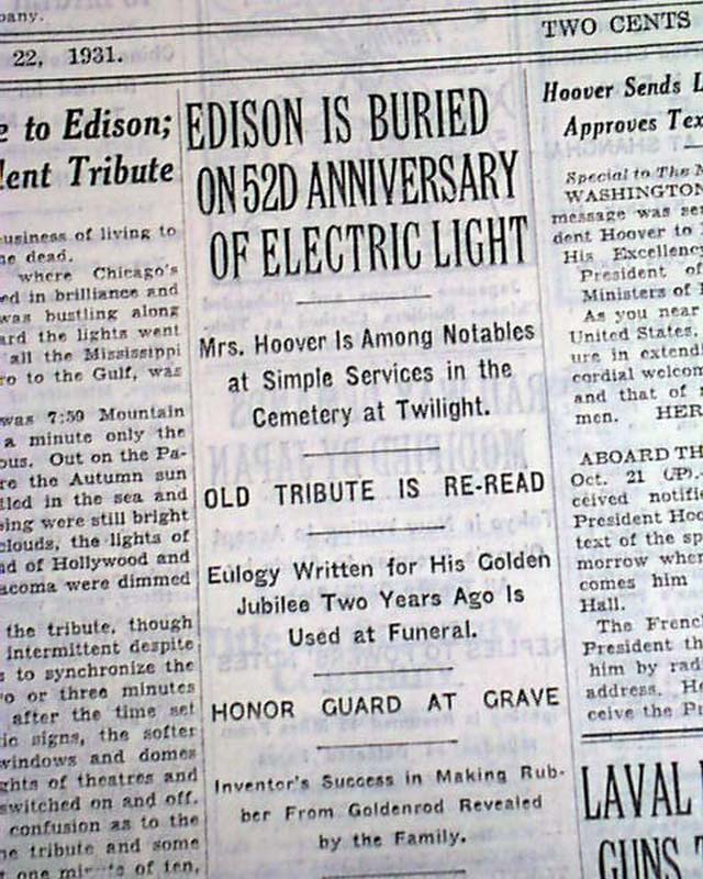 Thomas Edison death... Burial.... - RareNewspapers.com