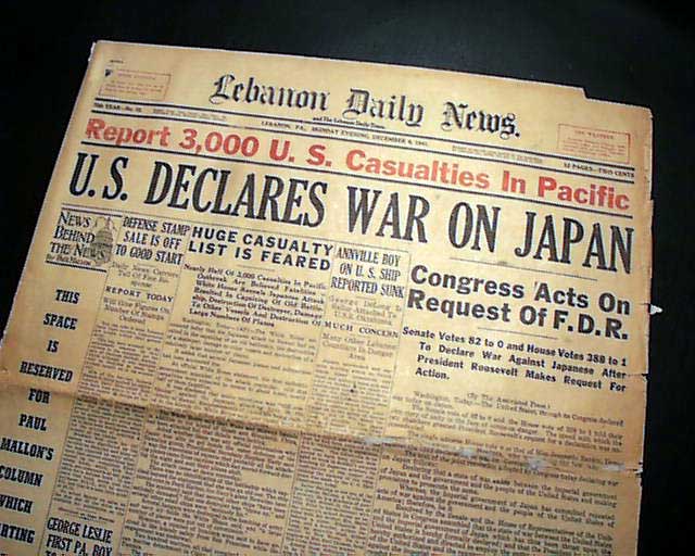 Pearl Harbor: United States declares war in Japan... - RareNewspapers.com