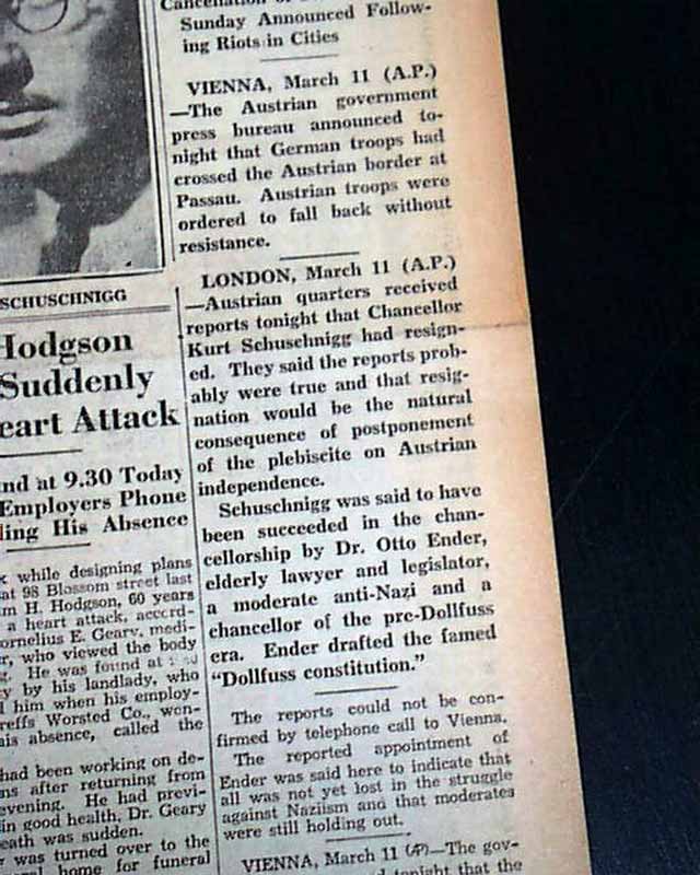 Hitler invades Austria in 1938.... - RareNewspapers.com
