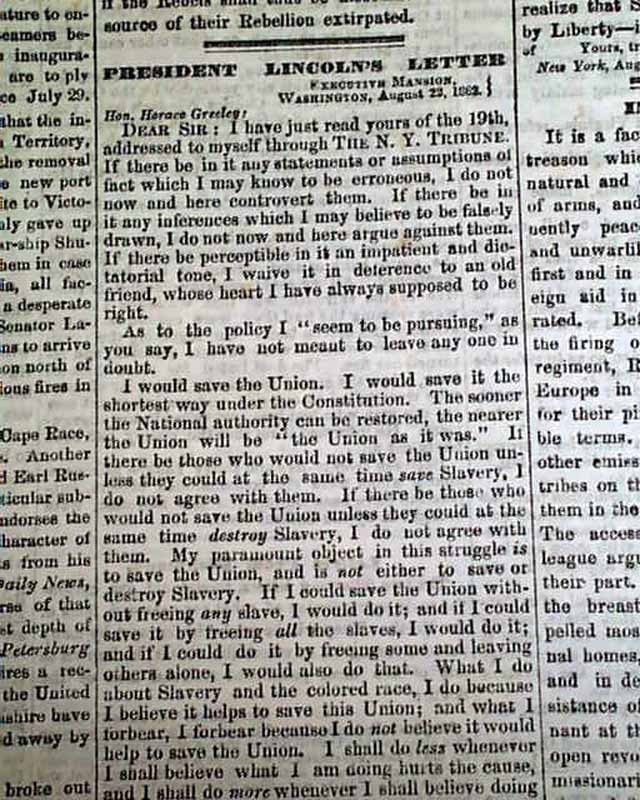 Lincoln's famous letter to Greeley... - RareNewspapers.com