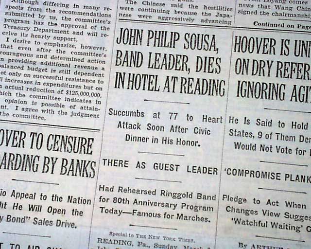 John Philip Sousa death... "The March King".... - RareNewspapers.com