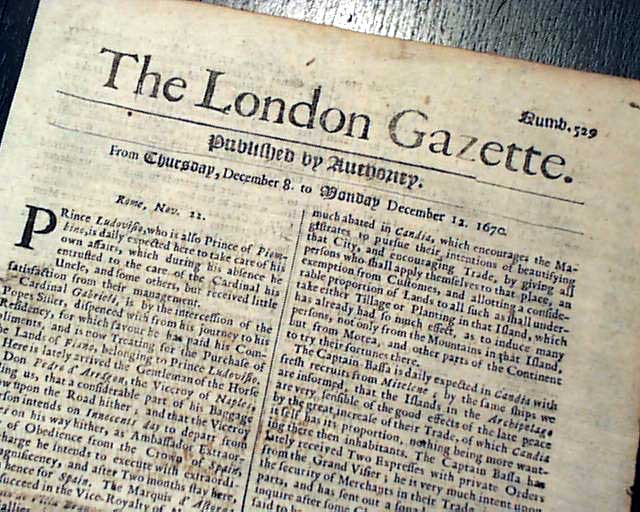 Genuine London Gazette newspaper from 1670... - RareNewspapers.com