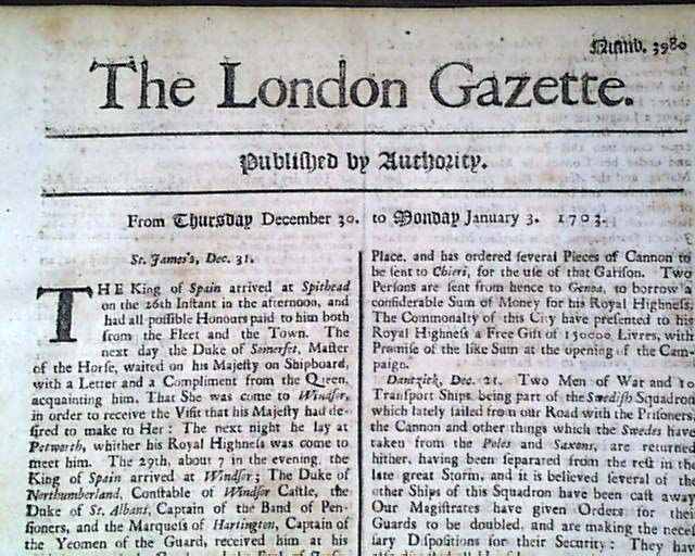 World's Oldest NEWSPAPER 1703 Gazette 302 YEARS OLD... - RareNewspapers.com