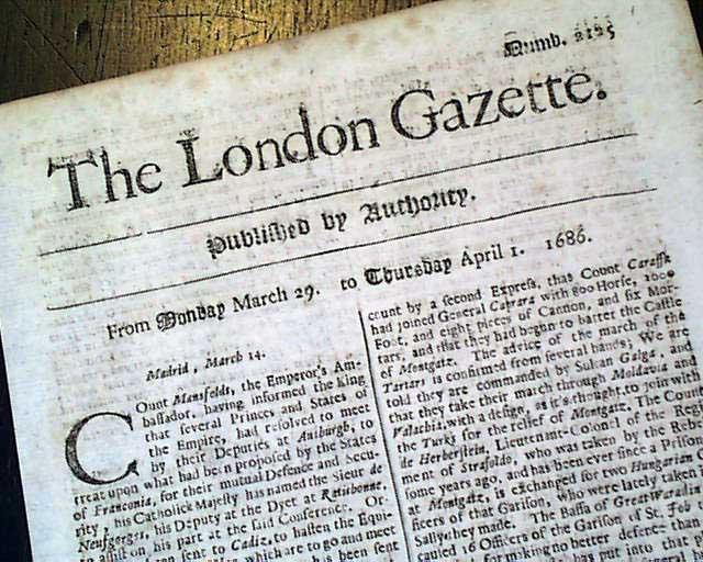Genuine London Gazette newspaper from 1686... - RareNewspapers.com