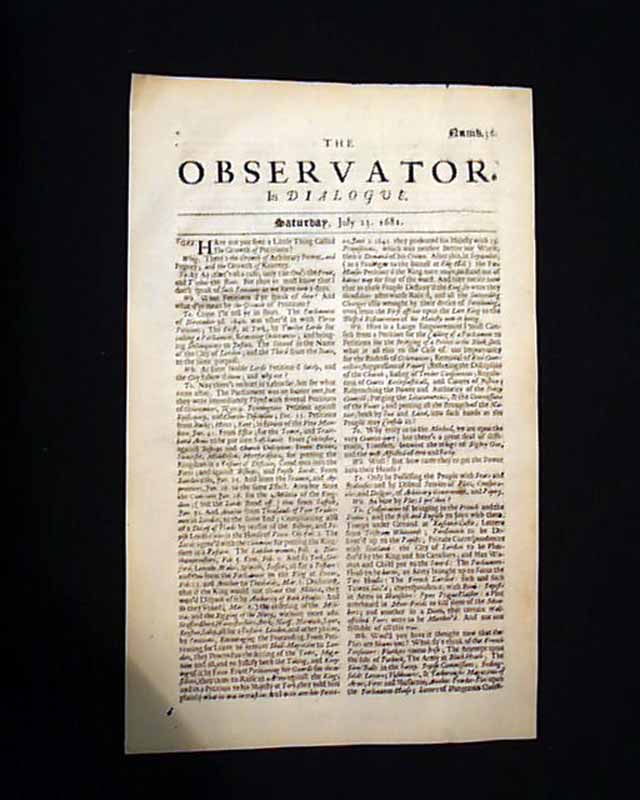 Very Early Rare 1681 OBSERVATOR Newspaper 322 Years Old ...