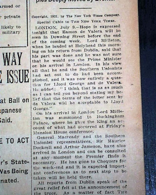 Irish War of Independence truce in 1921... - RareNewspapers.com