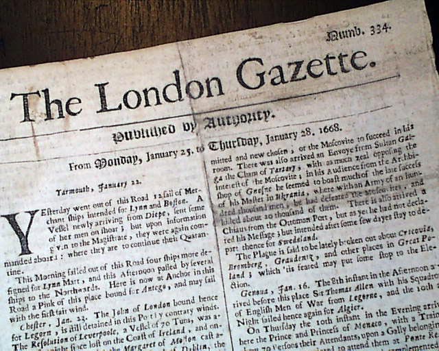 Genuine London Gazette newspaper from 1668... - RareNewspapers.com