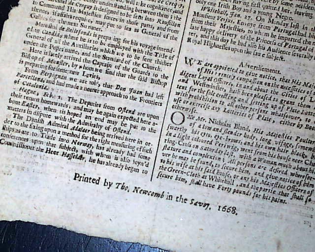 Genuine London Gazette newspaper from 1668... - RareNewspapers.com