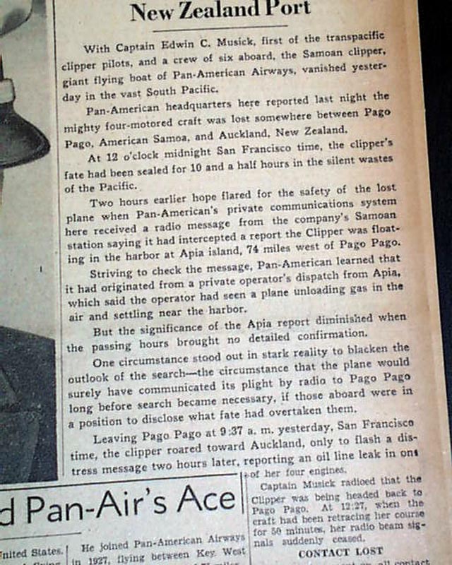 1938 Samoan Clipper crash... Ed Musick... - RareNewspapers.com