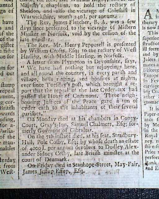 The hated Stamp Act is repealed... - RareNewspapers.com