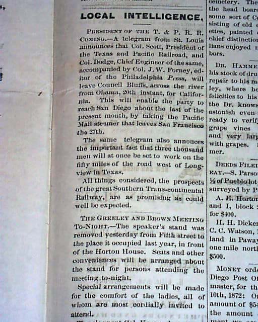 1872 Old West Newspaper From SAN DIEGO CA... - RareNewspapers.com
