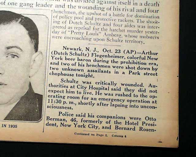 Terrific report on the death of gangster "Dutch Schultz ...