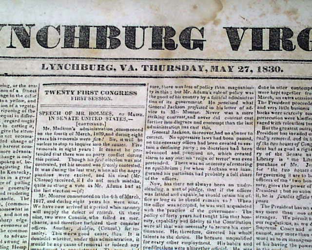 1830 Lynchburg Virginia Newspaper with Slave Ads - RareNewspapers.com
