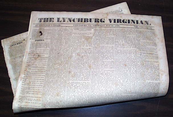 1830 Lynchburg Virginia Newspaper with Slave Ads - RareNewspapers.com