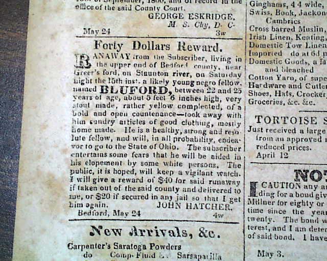 1830 Lynchburg Virginia Newspaper with Slave Ads - RareNewspapers.com